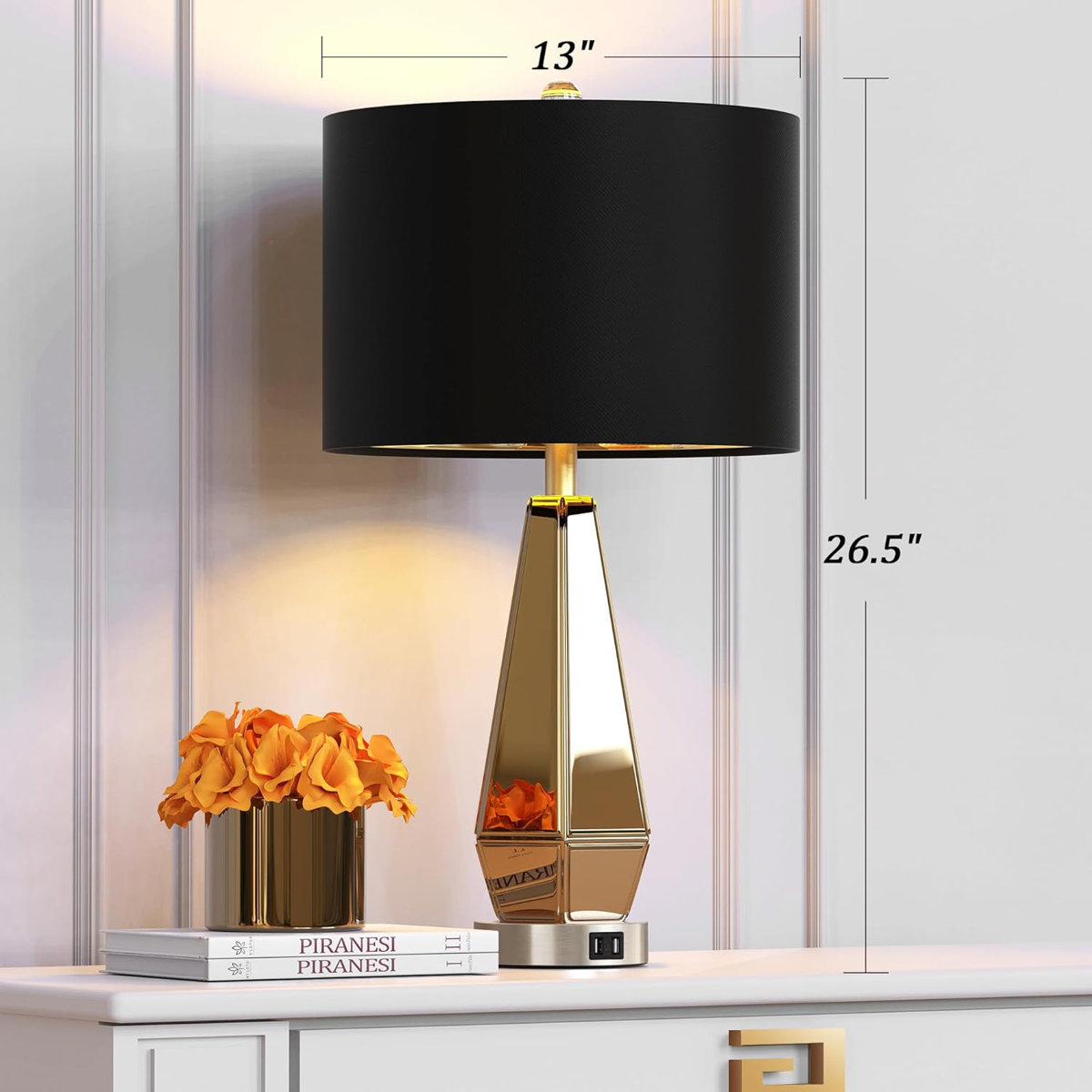 Everly Quinn Modern Amber Table Lamps With USB Charging Ports, Gold Black Geometric Shades | Wayfair
